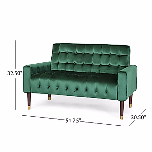 Christopher Knight Home Aubrie Tufted Velvet Loveseat Tipped Tapered Legs, Emerald and Gold Finish