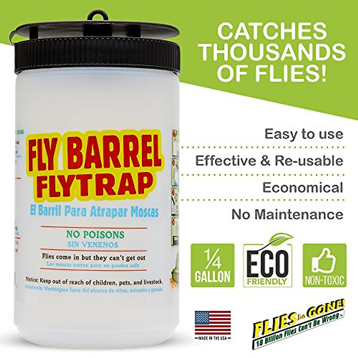 Flies Be Gone Barrel Fly Trap - Reusable Container with Patent Pending Screw Lid – 2 Non-Toxic, Poison and Pesticides Free KM34 Fly Attractant Packs - for Outdoor Home and Commercial Use
