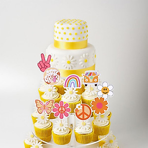 36 PCS Hippie Party Cupcake Toppers Peace Sign Hand Butterfly Two Groovy Cupcake Picks Dasiy Flower Bus 60s Retro Boho Cake Decorations for Hippie Two Groovy Carnival Theme 2nd Birthday Party Supplies