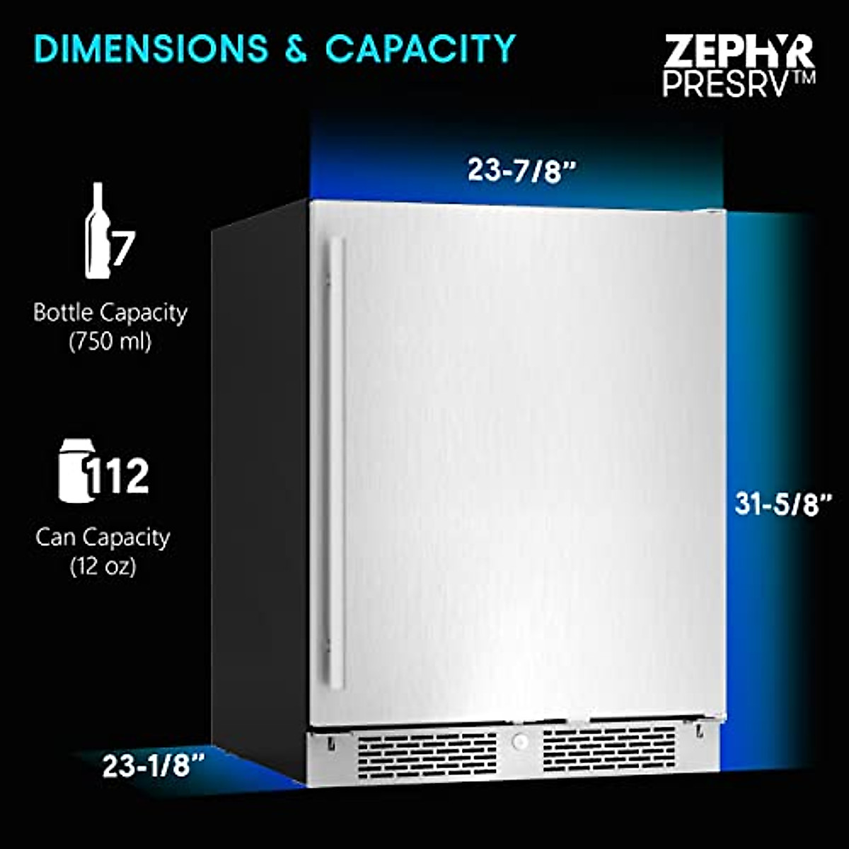 Zephyr Presrv 24" Wine Fridge & Beverage Refrigerator ADA Single Zone Under Counter - Mini Wine Cooler Cellars Small Beer Cabinet Drink Chiller Freestanding Stainless Steel Door - 7 bottles 112 cans