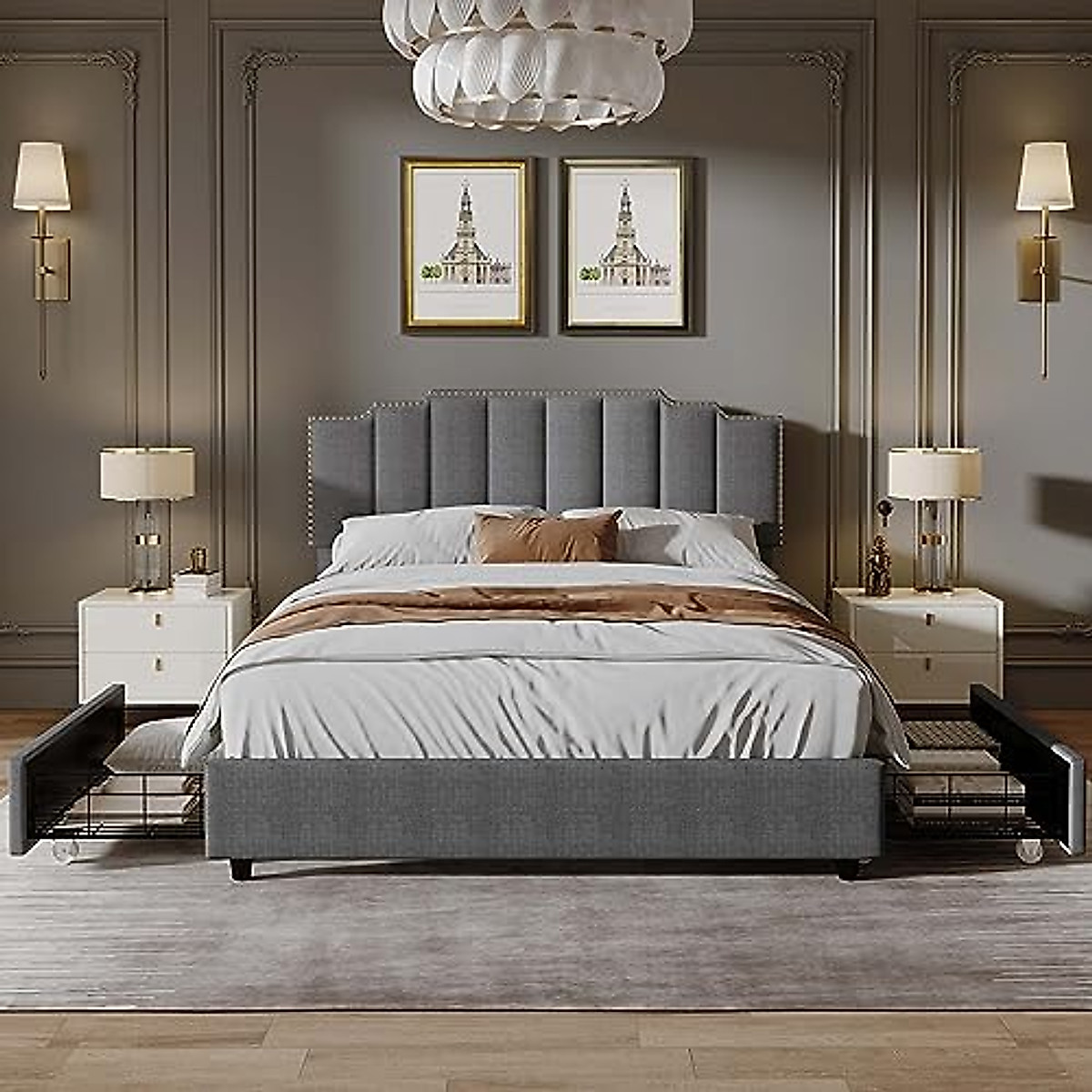 Queen Size Linen Upholstered Platform Bed Frame with 2 Big Drawers, Modern Rivets Design Platform Bed with Stitched Padded Headboard & Wood Slats Support for Bedroom, No Box Spring Needed (Grey)