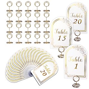 Wedding Table Numbers 1-20, 20 White Gold Table Number Cards with 20 Gold Table Number Holders, 1 Set of 20 Table Numbers for Wedding Reception(Card and Holder)