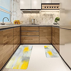 RYANZA 2 Pieces Kitchen Rugs, Abstract Anti Fatigue Non Slip Foam Cushioned Grey and Yellow Art Painting Comfort Indoor Floor Mat Runner Rug Set for Laundry Office Sink Bathroom (17"x48"+17"x24")