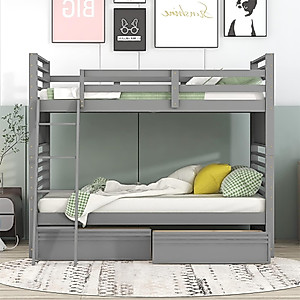 BIADNBZ Solid Wood Twin Over Twin Bunk Bed with Two Drawers Can Be Separated into Two Bedframe for Kids/Teens/Adults Bedroom,Gray