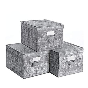 SONGMICS Set of 3 Fabric Storage Bins with Lids, Foldable Storage Boxes with Lids, Fabric Cubes with Label Holders, Storage Bins Organizer, 11.8 x 15.7 x 9.8 Inches, Heather Gray URYLB40LG