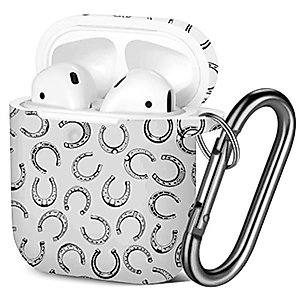 [ Compatible with AirPods 2 and 1 ] Shockproof Soft TPU Gel Case Cover with Keychain Carabiner for Apple AirPods (Horseshoes Icons)