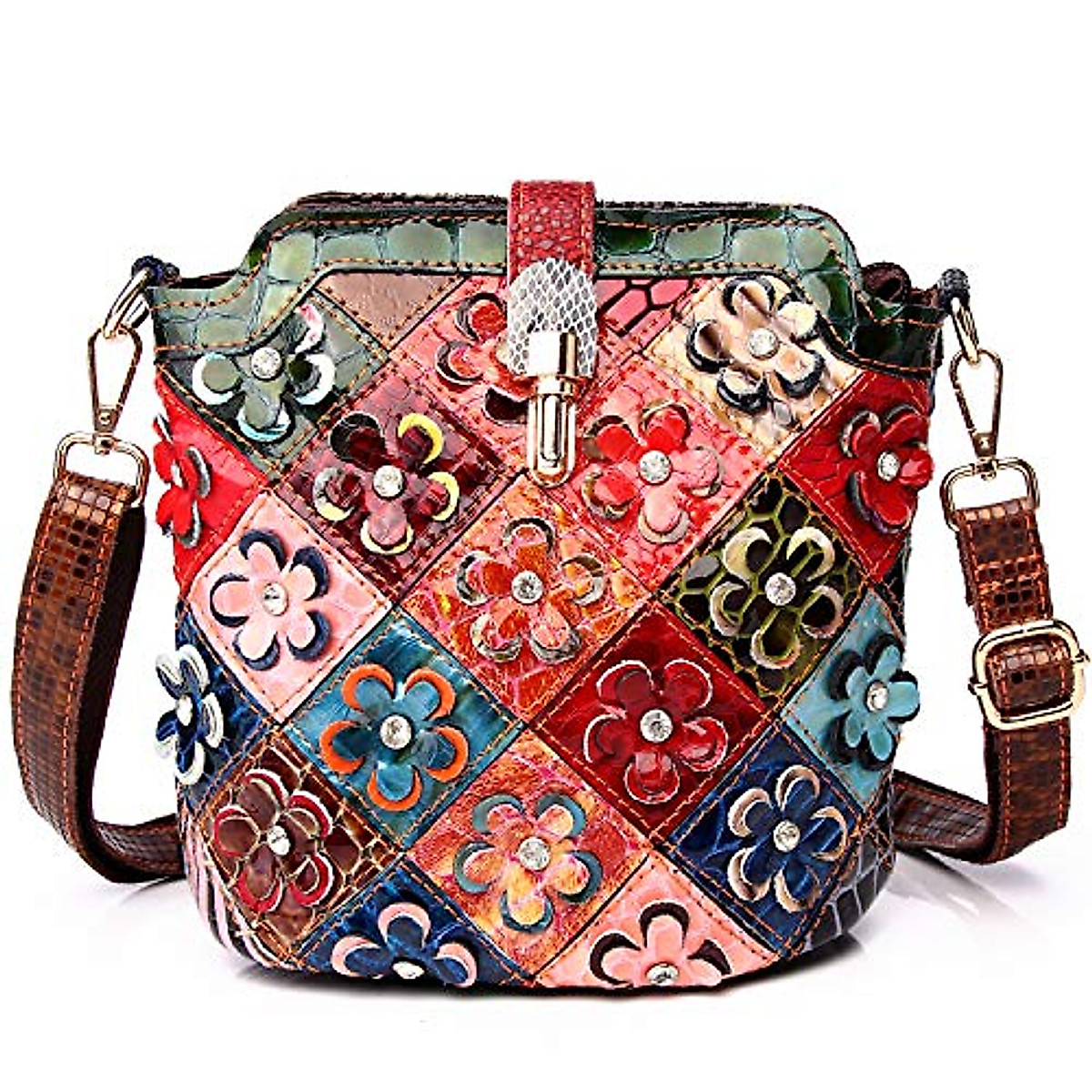 Segater® Women’s Multicolor Floral Small Crossbody Bag,Cowhide Genuine Leather Handbag Flower 3D Snake Pattern Shoulder Bag Ladies Travel Top-Handle Bag Patchwork Colorful Purses