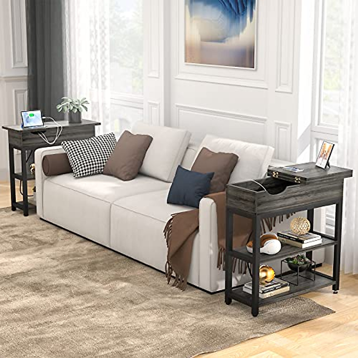 Aheaplus Sofa Side Table with USB Ports and Outlets, Narrow End Table Set of 2 with Charging Station, Bedside Nightstand with Storage Shelves, Slim Side Table，Black Oak