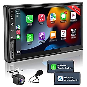 7 Inch Double Din Car Stereo with Wireless CarPlay & Wireless Android Auto,Car Radio Touchscreen with Bluetooth,Live Rearview Camera,Type C Fast Charge,Airplay,USB/SWC/AUX,AM/FM Car Radio