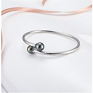 GOWE Natural Tahitian Cultured Pearl Round Pearl Bangle 925 Sterling Silver Open Adjustable Women