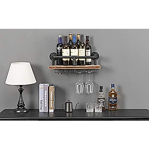 Industrial Wall Mounted Wine Rack, Wine Bottle Stemware Glass Rack, Floating Shelf Pipe Hanging Shelving with Glass Holders for Wine Glasses, Flutes, Mugs, Kitchen, Bar, (Retro Brown And Black)