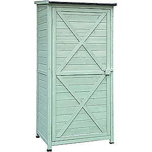Hanover Vertical Green Wooden Shed with Shelves and Sloped Waterproof Roof with 7-Cu.Ft Storage Space (1.7'x2.25'x4.7'), Outdoor Storage Unit for Organizing Garden Supplies, Patio Accessories & Tools
