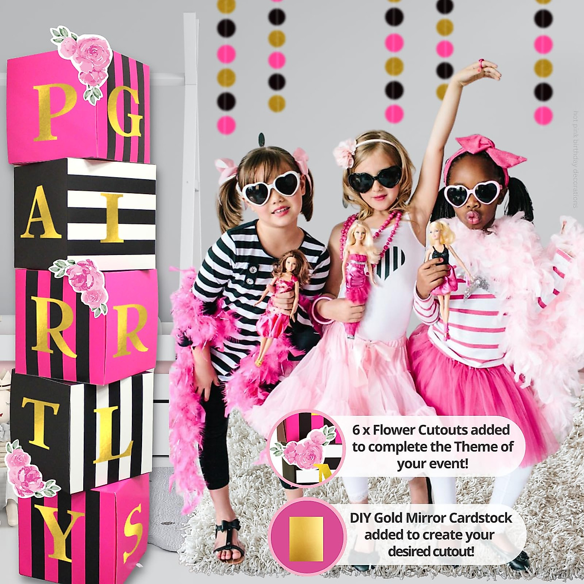 Hot Pink Party Decorations for Birthday, Bachelorette, Bridal or Baby Shower - 5 Boxes Blocks, 52 PC Letters for Custom NAME and 6 Flower Cutouts. Pink Rose Black White - Kate Spade Inspired