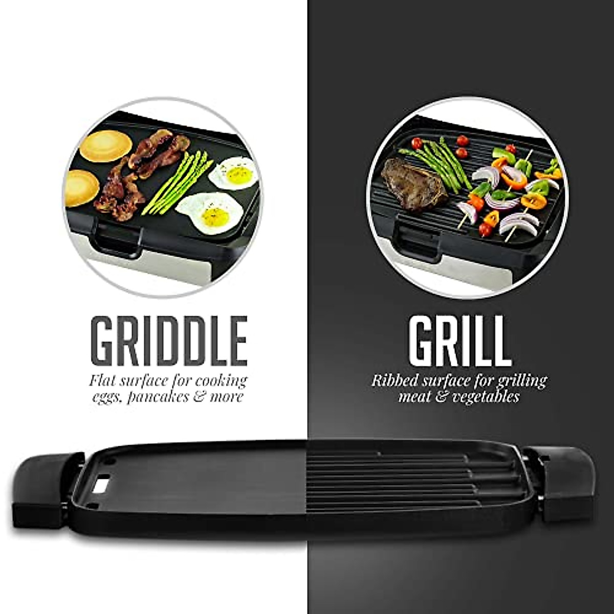 Ovente 2-in-1 Electric Grill and Griddle with Removable Tempered Glass Cover, 1700W Fast Heating Ceramic Non-Stick Plate Perfect for Indoor BBQ Cooking Breakfast, Pancake, Bacon and Egg, Black GR2001B