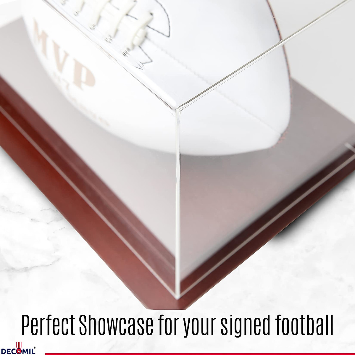 DECOMIL - Football Display Case Holder, Football Case, UV Protection No Assembly Panels, All 4 Sides Visible, Solid Wood Base - Cherry Finish