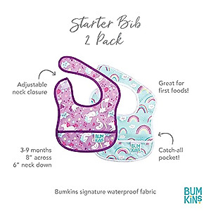 Bumkins Bibs, for Baby Girl or Boy, Infant 3-9 Mos, Essential Must Have for Eating, Feeding, Baby Led Weaning, Mess Saving Waterproof Soft Fabric, Starter Bib 2-pk Unicorns, Rainbows Blue and Purple