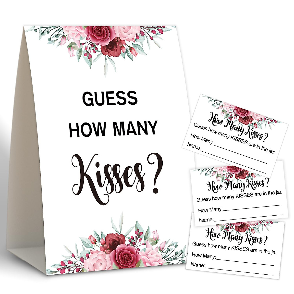 Floral Theme Guess How Many Kisses Bridal Shower Game,Wedding Shower,Bridal Shower Decorations,Popular Bridal Shower Games,Engagement Party Game,Set Including 1 Sign And 50 Guessing Cards-03