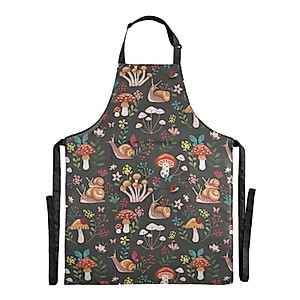 linqin Mushroom with Snails Aprons for Women Men Adjustable Bib Kitchen Chef Apron with 2 Pockets Long Ties for Cooking, BBQ