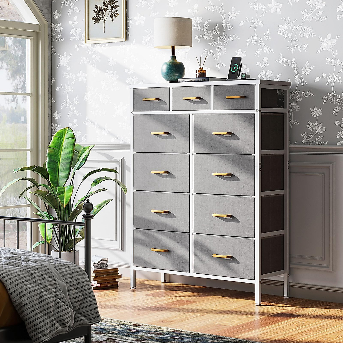 Casaottima Dresser with Charging Station, 52-Inch Tall Dresser for Bedroom, Large Dresser with 11 Storage Drawers, Fabric Chest of Drawers for Living Room, Light Grey