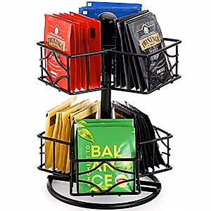 Frcctre Tea Bag Organizer, 360 Degree Tea Bag Spining Carousel Organizer with 6 Compartments, Lazy Susan Sugar Coffee Creamer Caddy for Kitchen Counter Cabinet Organizer, Up to 60 Tea Bags Storage