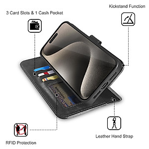 CAVOKAS Case Wallet for iPhone 15 Pro Max Wallet Case with Card Holder, Detachable Magnetic Leather Flip Case, Compatible with MagSafe Wireless Charging, Kickstand Shockproof Cover 6.7 Inch, Black