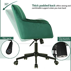 Home Office Desk Chairs Swivel,Comfort Velvet Task Chairs with Arms and Wheels, Adjustable Height, Big Accent SwivelChairs for Living Room and Bedroom (Padded Green)