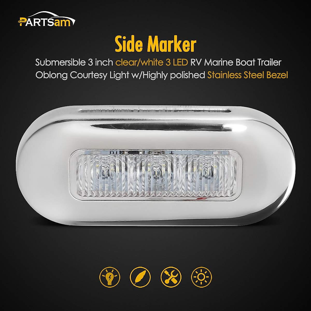 Partsam 4pcs 3" LED Oblong Stainless Courtesy Light Submersible Yacht Marine Boat Deck Lights, Walkways Step storage Led Interior Exterior courtesy Lights lighting, Suface Mount, 12V