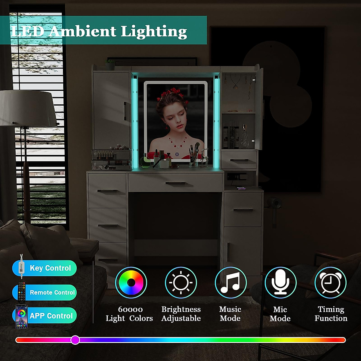 Hiwelldas Vanity Desk with Mirror and Lights, 43.3'' Large Makeup Vanity with RGB Ambient Light & Power Outlet, Dressing Table with 7 Drawers, 3 Cabinets, 6 Hooks,1 Dryer Rack,White