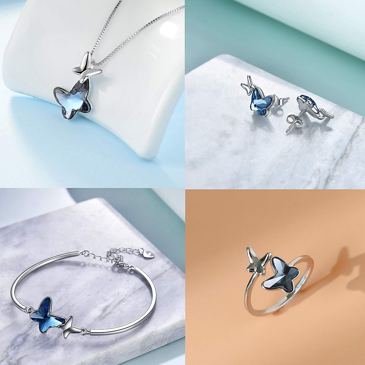 AOBOCO Morpho Helena Butterfly Ring Sterling Silver Women Ring Embellished with Crystals from Austria, Adjustable Open Ring, Anniversary Birthday Butterfly Jewelry Gifts for Girlfriend Mom Wife(Blue)