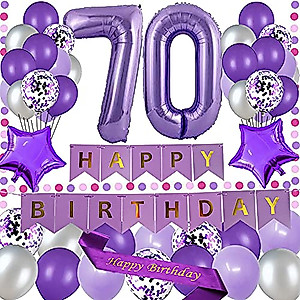 yujiaonly 70th Birthday Party Decorations Purple Happy Birthday Paper Banner Purple 40inch Number 70 Happy birthday Sash Latex and Confetti Balloons Perfect for 70 Years Old Party Supplies Balloons Number 70 Purple