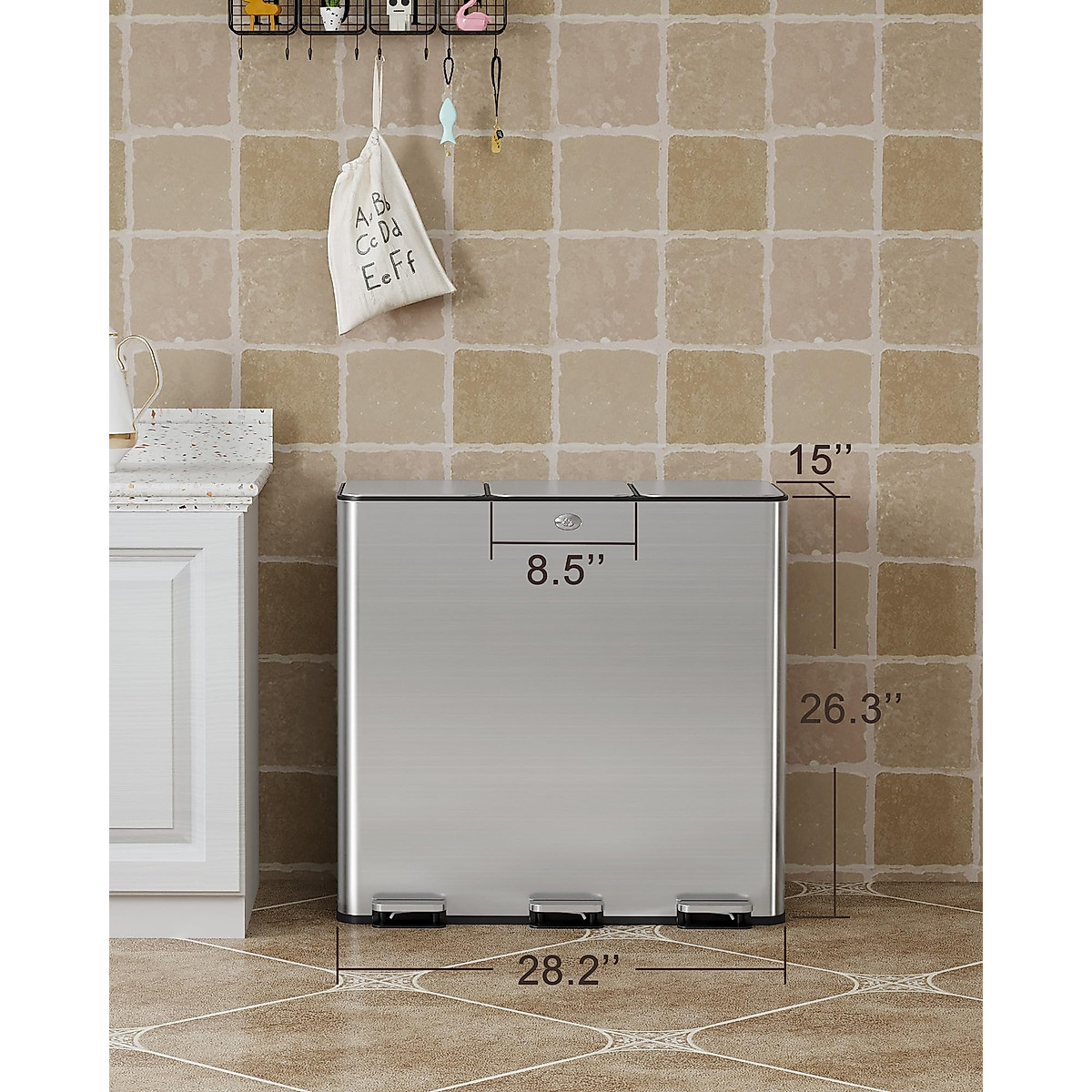 DEXSO Large Trash Can with Lid - 24 Gallons Foot Step Stainless Steel Triple 8-Gallon Compartments Trash and Recycle Bin Combo Garbage Can