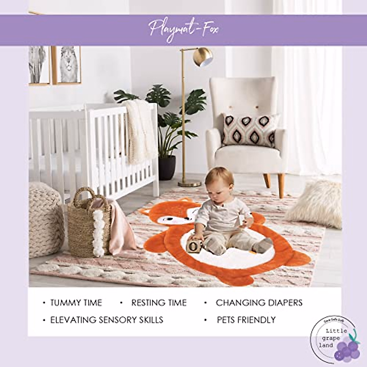 Little Grape Land Baby Play Mat for Floor, Tummy Time Mat & Fox Nursery Rug, Baby Floor Piano Play Mat Gym Activity Plush Padded Play Mat Infant, Foldable & Machine Washable