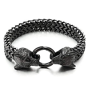 COOLSTEELANDBEYOND Mens Black Wolf Head Steel Franco Link Curb Chain Bracelet with Spring Ring Clasp 8.86 Inch