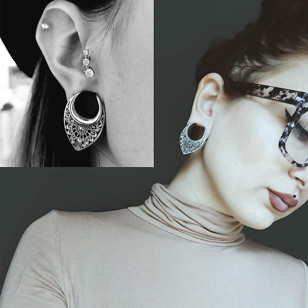 Casvort 2 PCS 10mm (00g) Hypoallergenic 316 Stainless Steel Silver Floral Saddle Hangers Tunnels Reverse Saddle Gauges Piercing Body Jewelry