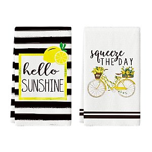Artoid Mode Watercolor Stripes Lemon Kitchen Dish Towels Squeeze The Day, 18 x 26 Inch Seasonal Spring Summer Hello Sunshine Ultra Absorbent Drying Cloth Tea Towels for Cooking Baking Set of 2