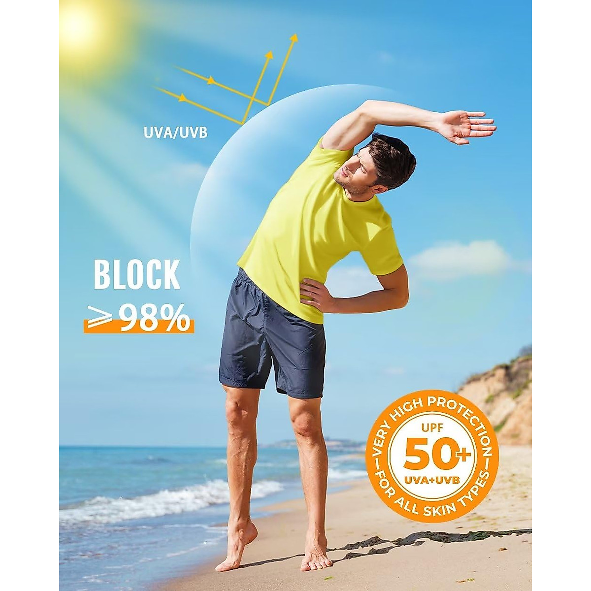 Boladeci Mens Shirts Short Sleeve Rash Guard Swim Shirts for Men Sun UV Protection Clothing Blank Yellow Work-Out Gym Running Athletic Shirts Tees