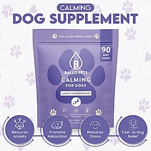 Ballo Pets Calming Chews for Dogs | Natural Stress & Anxiety Relief for Dogs - Help Manage Fireworks, Thunder, Seperation – 90 Soft Chews with Hemp, Melatonin, Chamomile, Ashwaganda- Chicken Flavor
