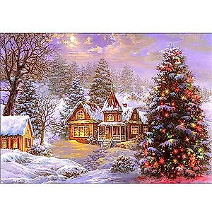 Stamped Cross Stitch Kits for Adults Beginners Snowy Christmas Tree Night Pattern 11CT Pre-Printed Fabric Embroidery Arts and Crafts Kit Needlepoint Starter DIY Wall Decor, 12 x 16 inch