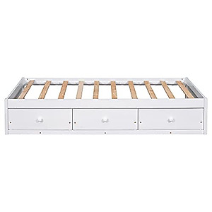 BOVZA Twin Size Platform Storage Bed with 3 Drawers, Wood Daybed Frames for Kids Teens Adult, for Living Room Bedroom Guest Room, No Box Spring Needed, White