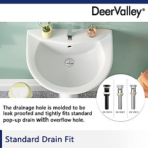 DeerValley DV-1P523 Compact White Ceramic Pedestal Sink, 20" X 17" Inch Pedestal Bathroom Sink With Overflow and Pre-Drilled Single Hole