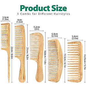 5 Pcs Natural Handmade Bamboo Anti-Static Combs Set - Wide Tooth, Rat Tail and Fine Tooth for Long, Short, Thick, Thin, Wavy or Curly Hair Detangling (Natural)