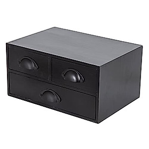 ExoLiry Rustic Black Wood Desk Storage Cabinet 3 Wide Drawers Countertop Bamboo Organizer Jewelry Box Holder Metal Handles Table Top Wooden Keepsake Caddy Home Office Farmhouse Antique Mini Dresser
