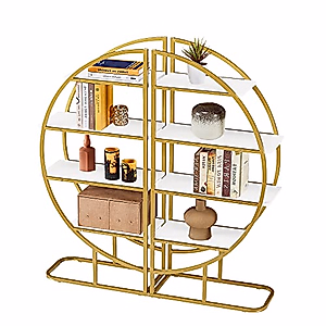 Merax Round Bookshelf Storage Display Shelf Organizer, 4 Tiers L Shaped Corner Bookcase Shelving Unit for Home Office, White, Gold
