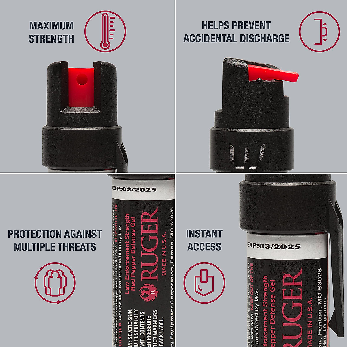 SABRE Ruger Pepper Gel with Clip, 35 Bursts, 12-Foot (4 Meter) Range, Gel Is Safer, Contains UV Marking Dye, Twist Lock Safety, Black , 0.67 Fluid Ounces