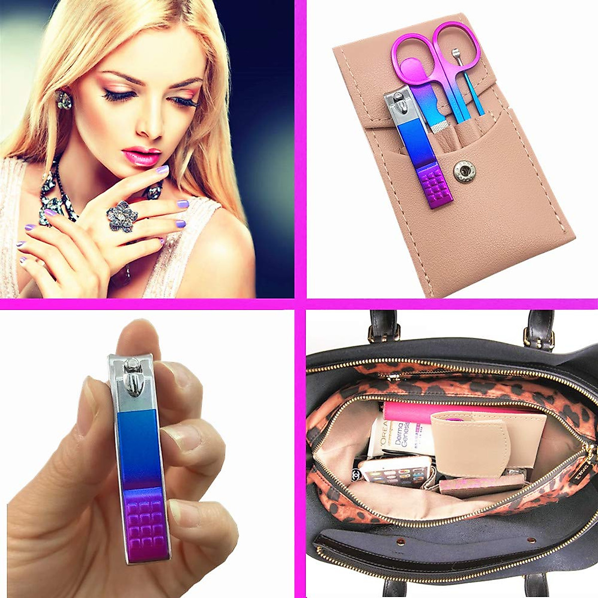 SHICEN Manicure Set, Professional Women Nail Clippers Kit 4PCS， Stainless Steel Nail Cutter Care Tools Professional Grooming Kits, PU Leather Travel Case （Colorful）