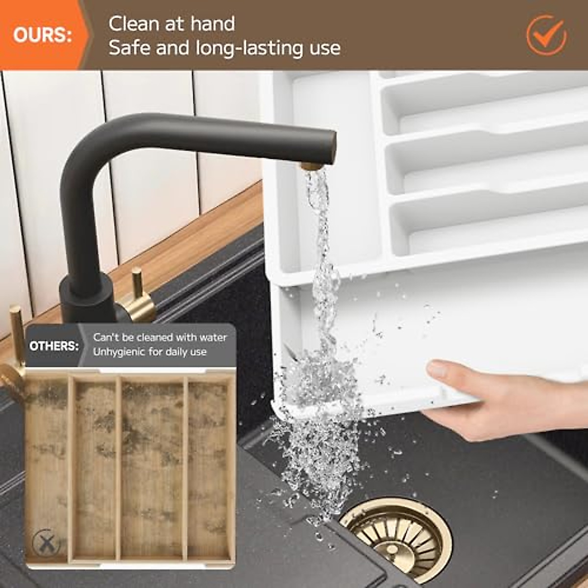 KreuRaxy Expandable Silverware Cutlery Utensil Organizer Tray for Kitchen Drawers, 13 to 22.8 Inch Adjustable Design with 2 Divider, Flatware Tableware Tray for Spoon Spatula Forks, Large, White