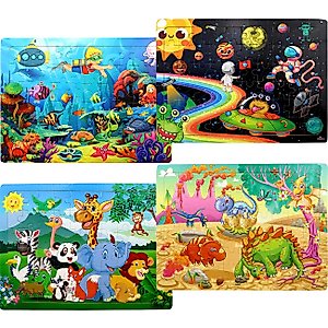 Puzzles for Kids Ages 4-8, 4 Pack Wooden Jigsaw Puzzles 60 Pieces Animal Dinosaur Puzzle Preschool Educational Learning Toys Set for Boys and Girls