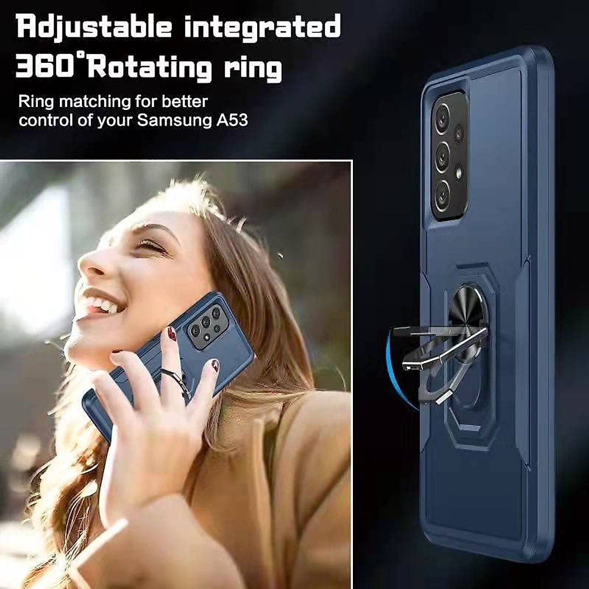 Oterkin for Samsung Galaxy A53 Case,A53 5G Case Military Grade Shockproof Protective Case with [360° Rotatable Ring Kickstand] [Tempered Glass Screen Protector] Heavy Duty Case for Samsung A53-Blue