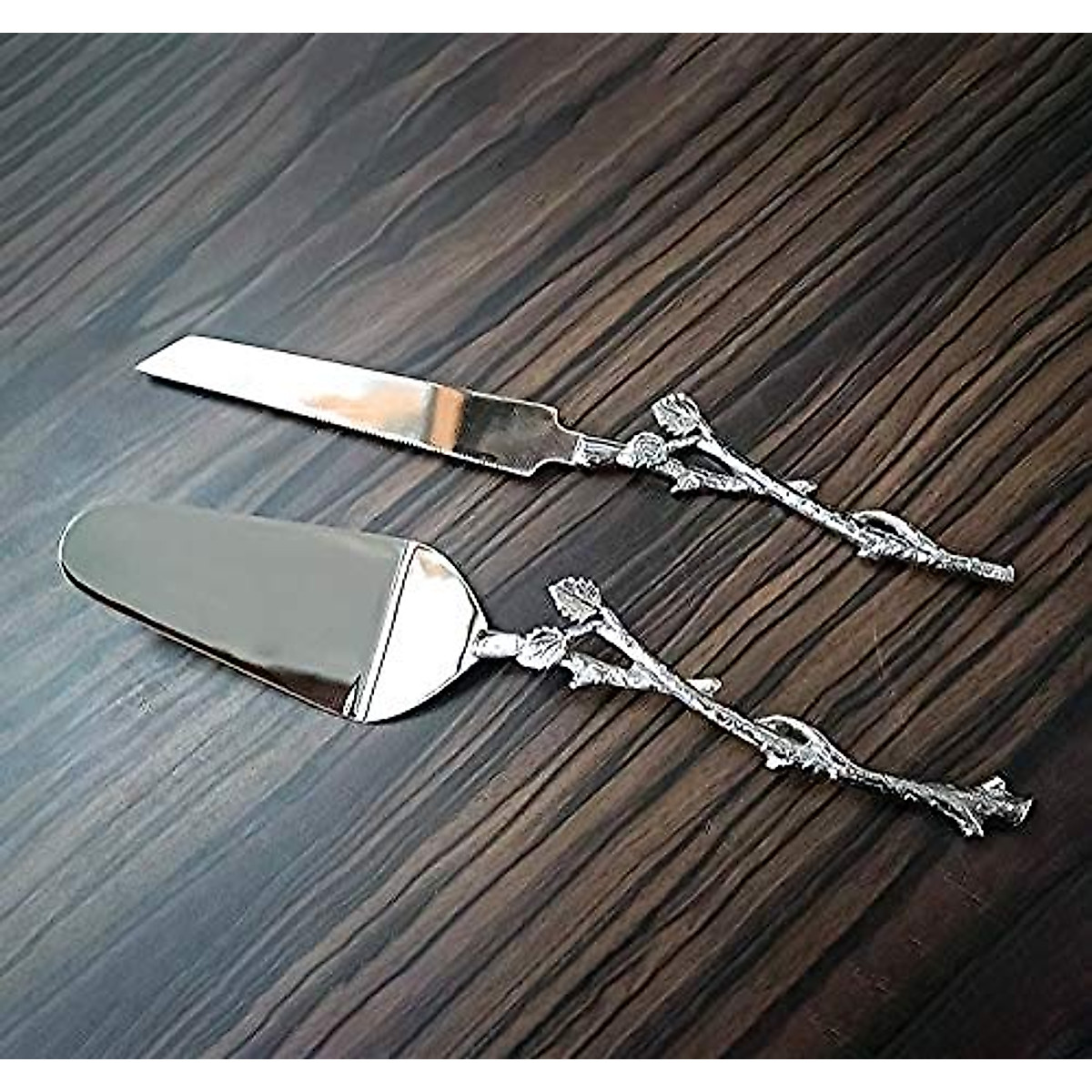 Elegant Rustic Cake Server and Knife Set with Beautiful Leaf Design, Ideal Cake Cutting Set For Wedding Party's and Elegant Events, 2 Piece Silver Twig Pie Server Set…