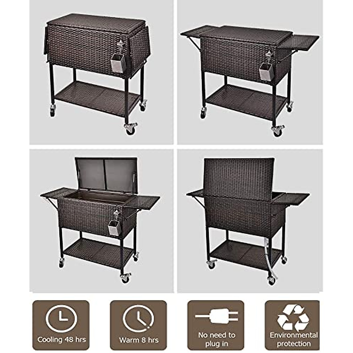 Grepatio 80 Quart Rattan Rolling Cooler Cart, Portable Wicker Cooler Trolley, Beverage for Patio Pool Party, Ice Chest with Cutting Board, Bottle Opener, Cap Catch and Cover (Single Top - Brown)